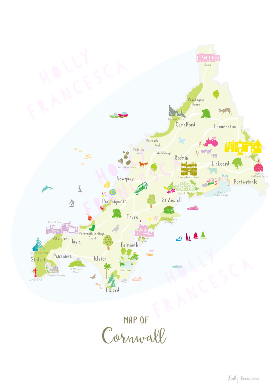 Illustrated hand drawn Map of Cornwall art print by artist Holly Francesca.