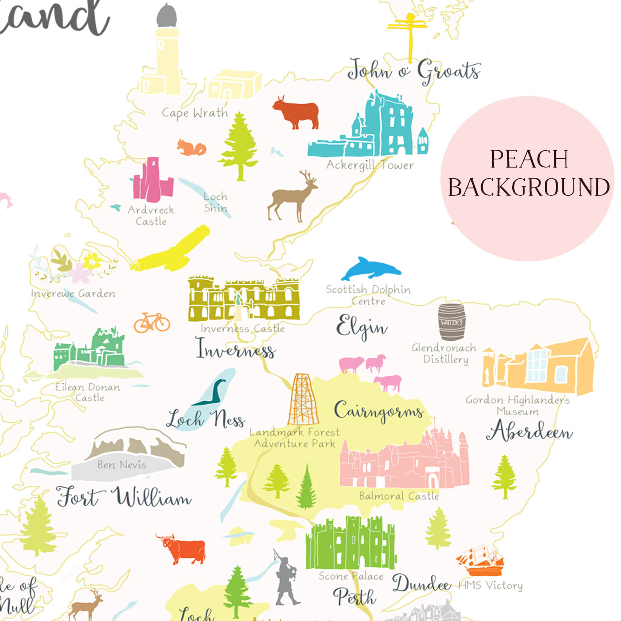 Illustrated hand drawn Map of Scotland by UK artist Holly Francesca.