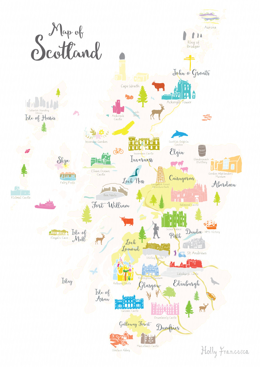 Illustrated hand drawn Map of Scotland by UK artist Holly Francesca.