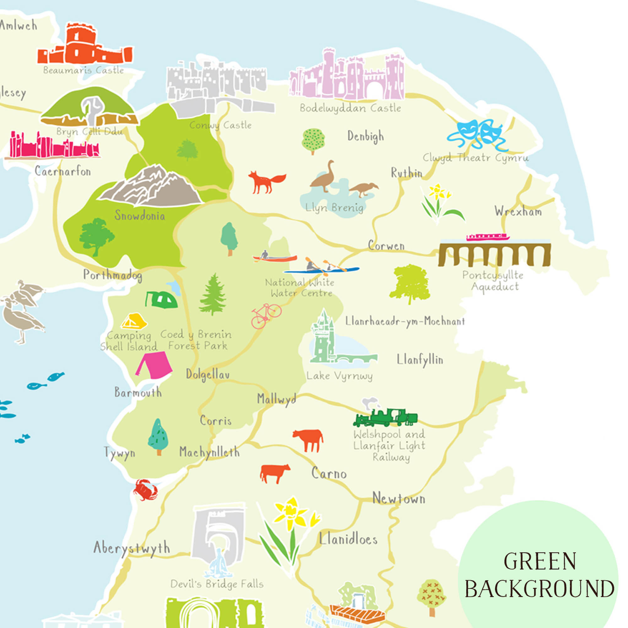 Illustrated hand drawn Map of Wales by UK artist Holly Francesca.