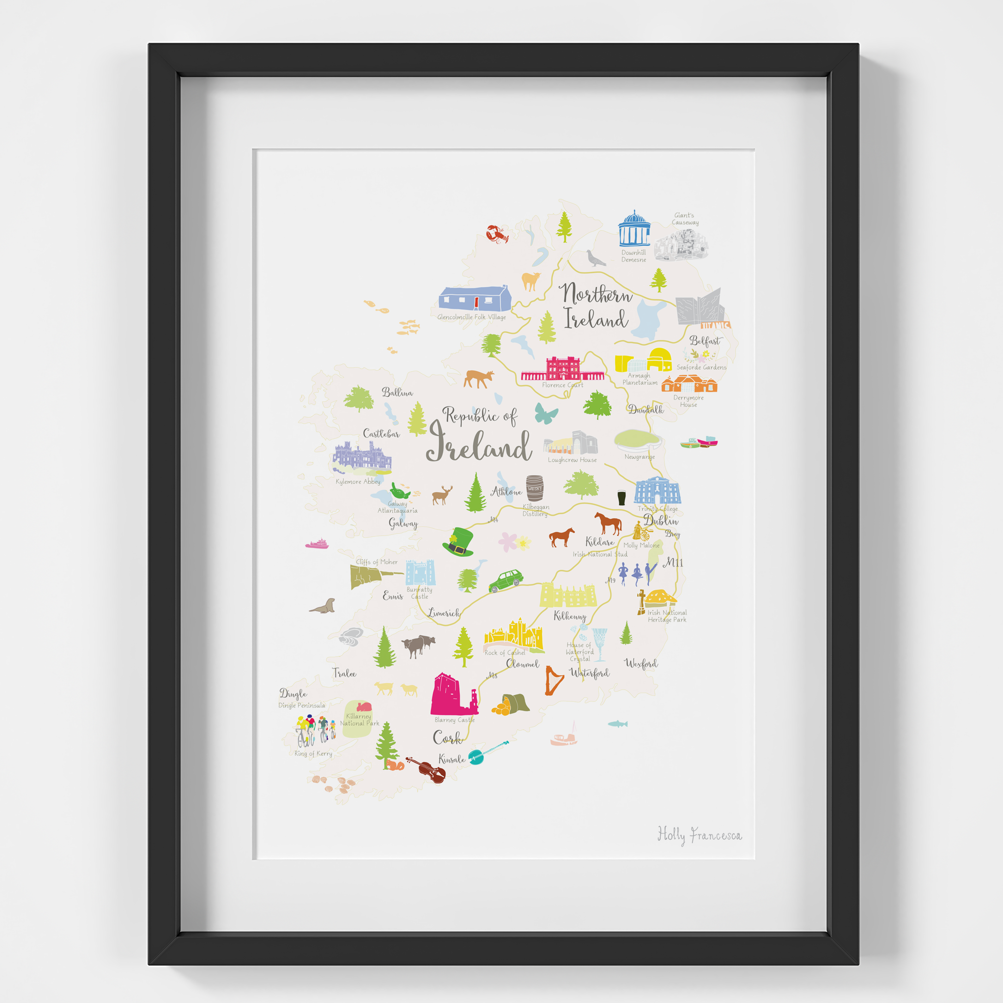 Illustrated hand drawn Map of Ireland by UK artist Holly Francesca.
