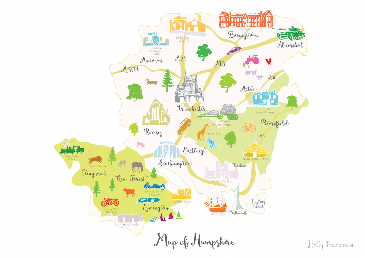 Illustrated hand drawn Map of Hampshire by UK artist Holly Francesca.