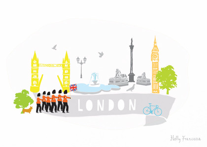 Illustrated hand drawn London city scene art print by artist Holly ...