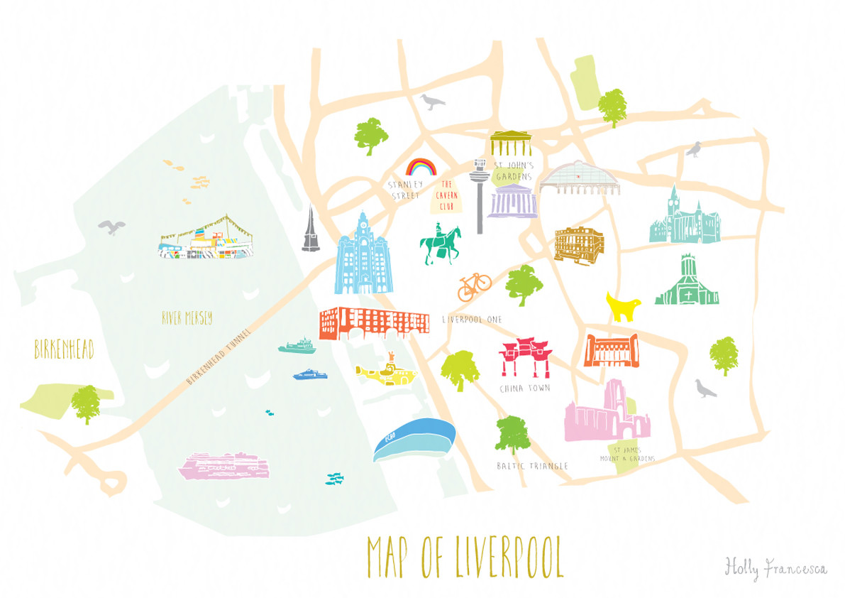 Illustrated hand drawn Map of Liverpool art print by artist Holly ...