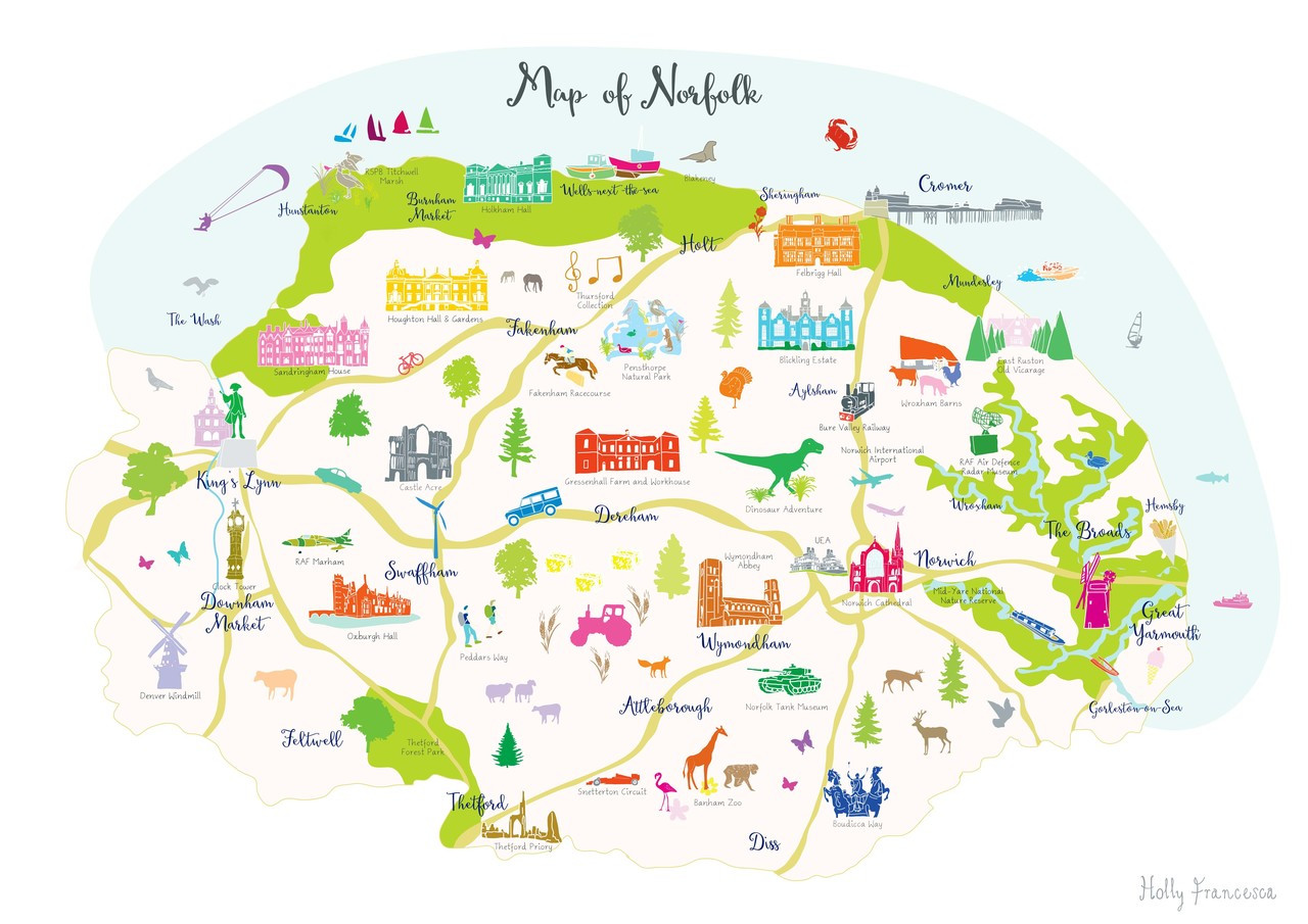 Illustrated hand drawn Map of Norfolk by UK artist Holly Francesca.