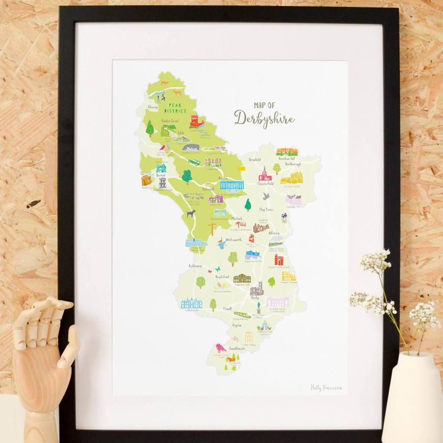 Illustrated hand drawn Map of Derbyshire by UK artist Holly Francesca.