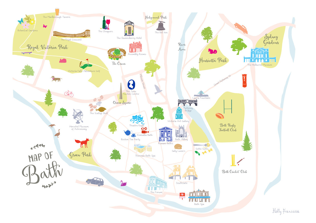 Illustrated hand drawn Map of Bath art print by artist Holly Francesca.