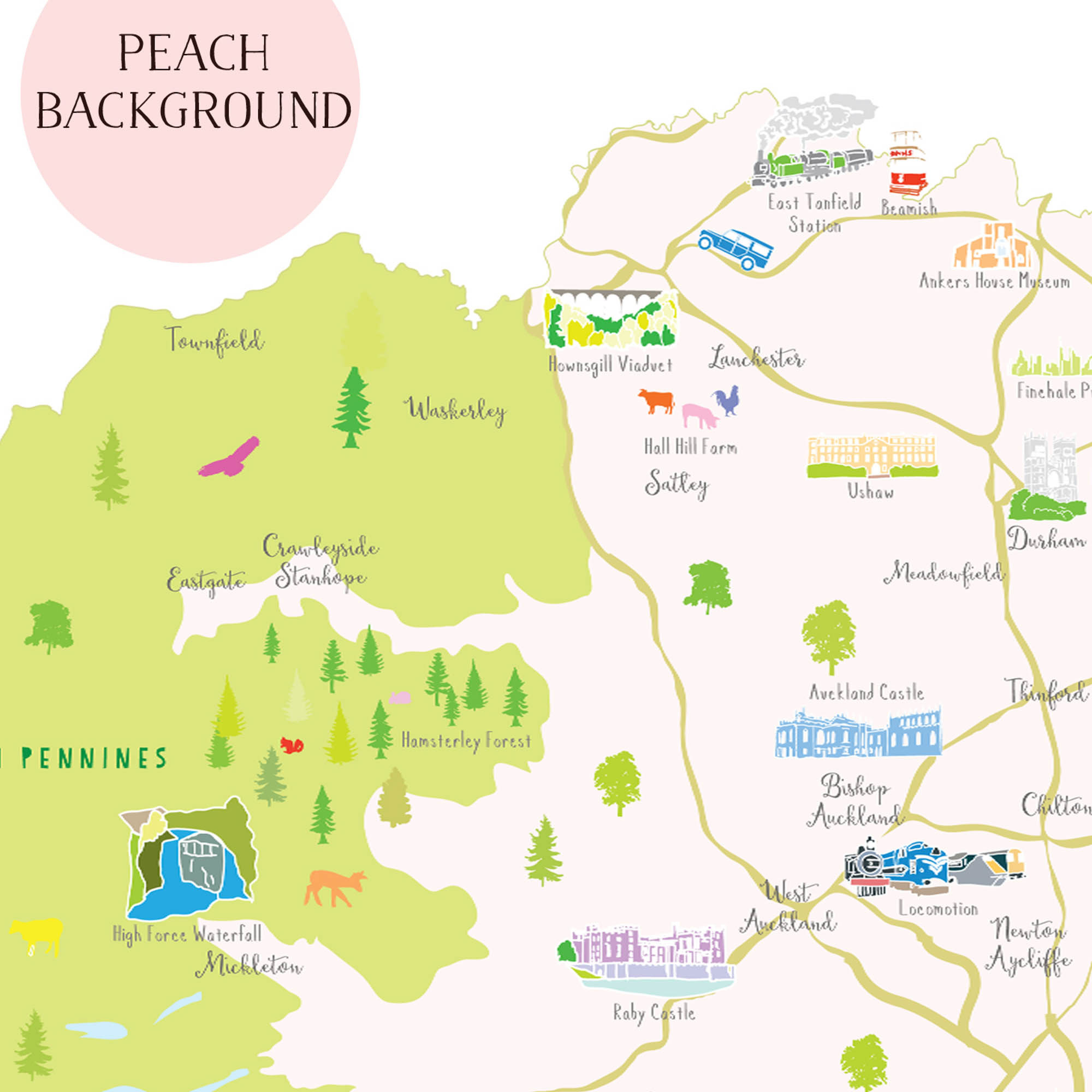 Illustrated hand drawn Map of County Durham by UK artist Holly Francesca.