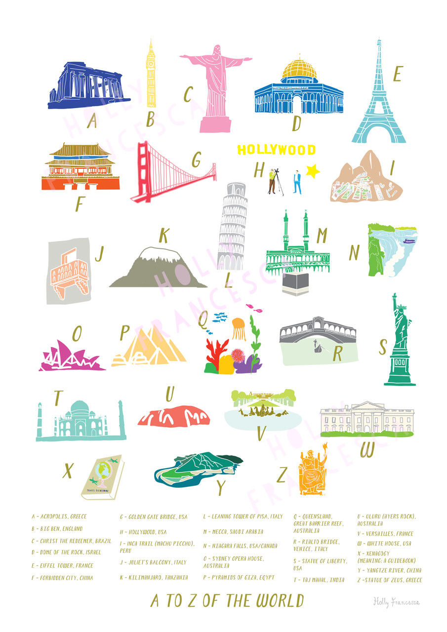 Illustrated hand drawn A to Z of the World Alphabet art print by artist ...