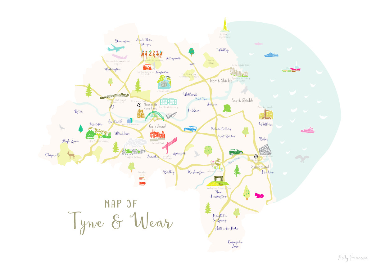 Illustrated hand drawn Map of Tyne & Wear art print by artist Holly ...