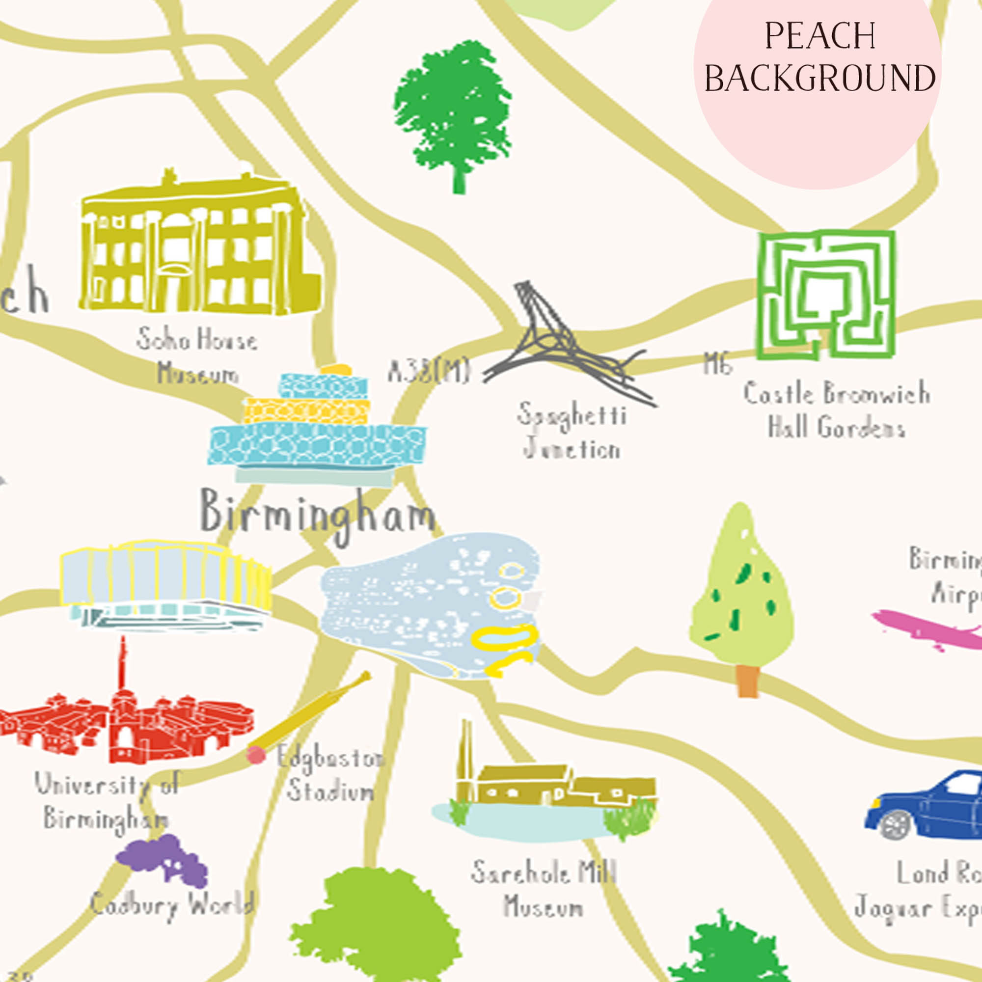 Illustrated hand drawn Map of West Midlands art print by artist Holly ...