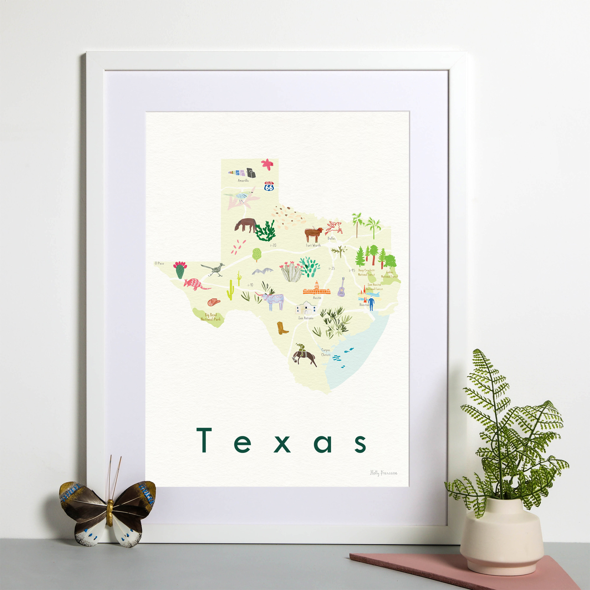 Illustrated hand drawn Map of Texas art print by artist Holly Francesca.
