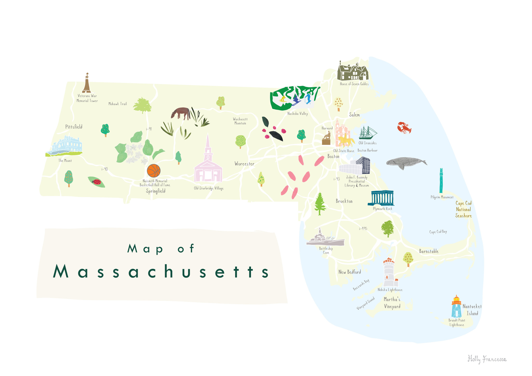 Illustrated hand drawn Map of Massachusetts art print by artist Holly ...