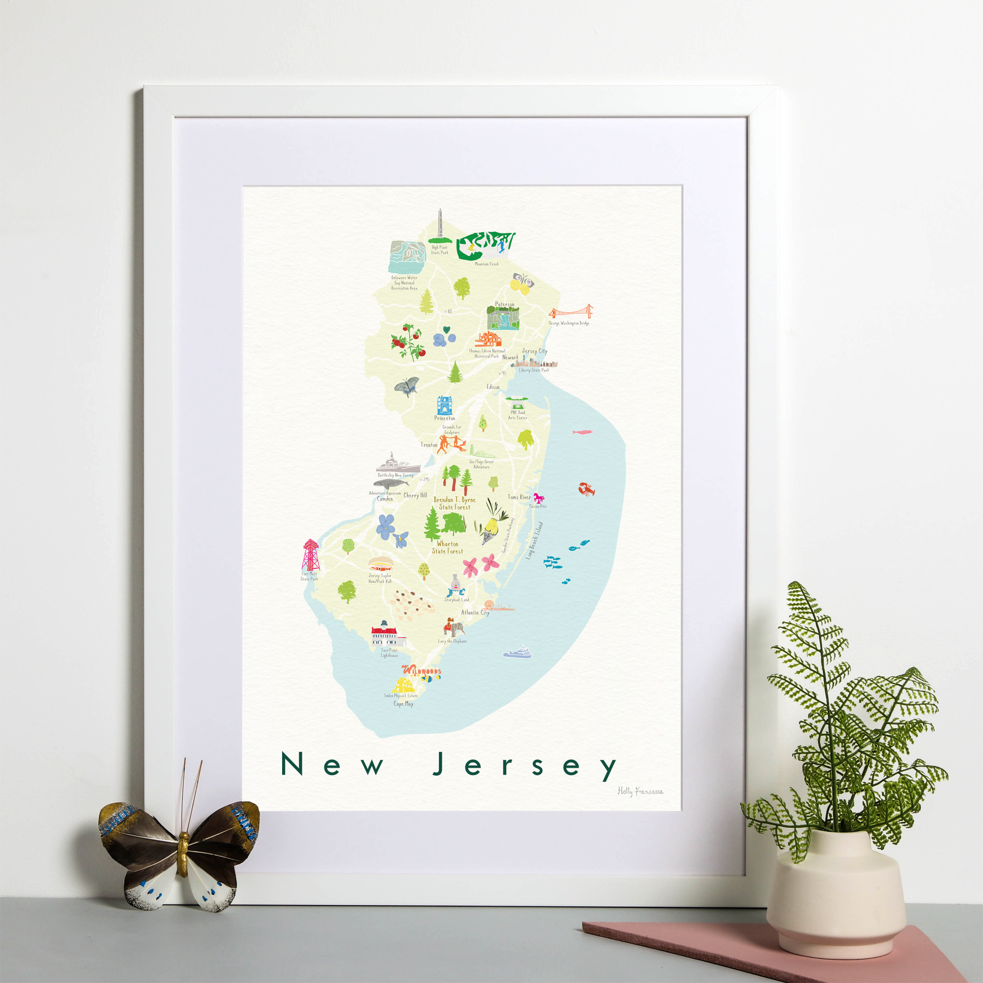 Illustrated hand drawn Map of New Jersey art print by artist Holly ...