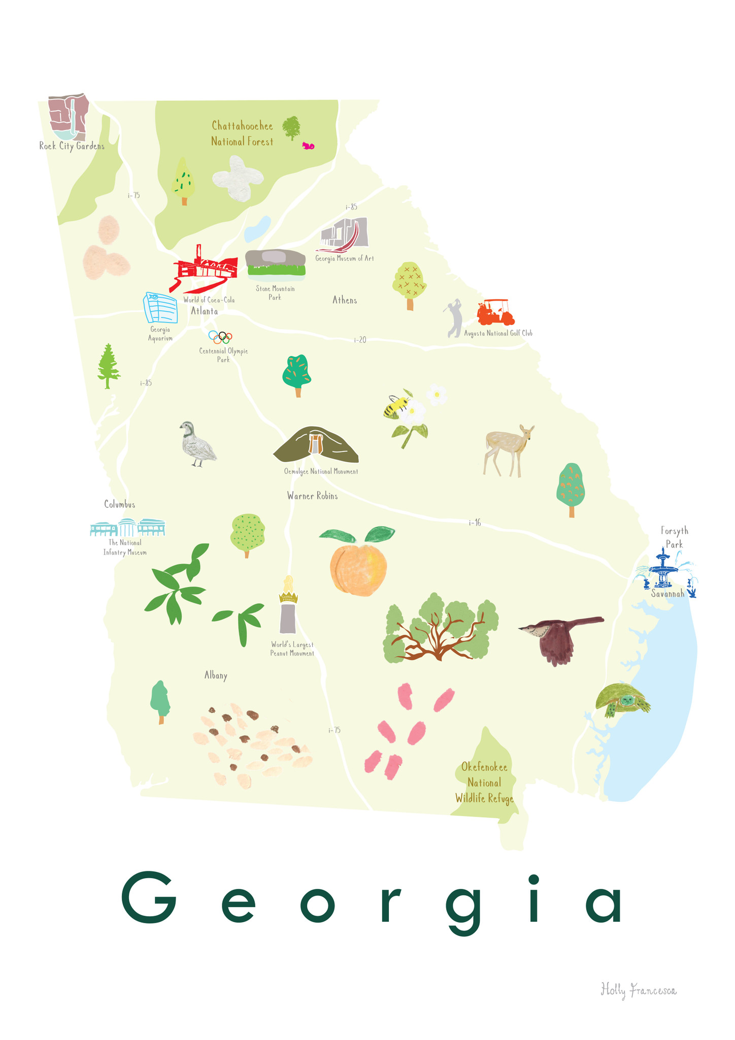 Illustrated hand drawn Map of Georgia art print by artist Holly Francesca.