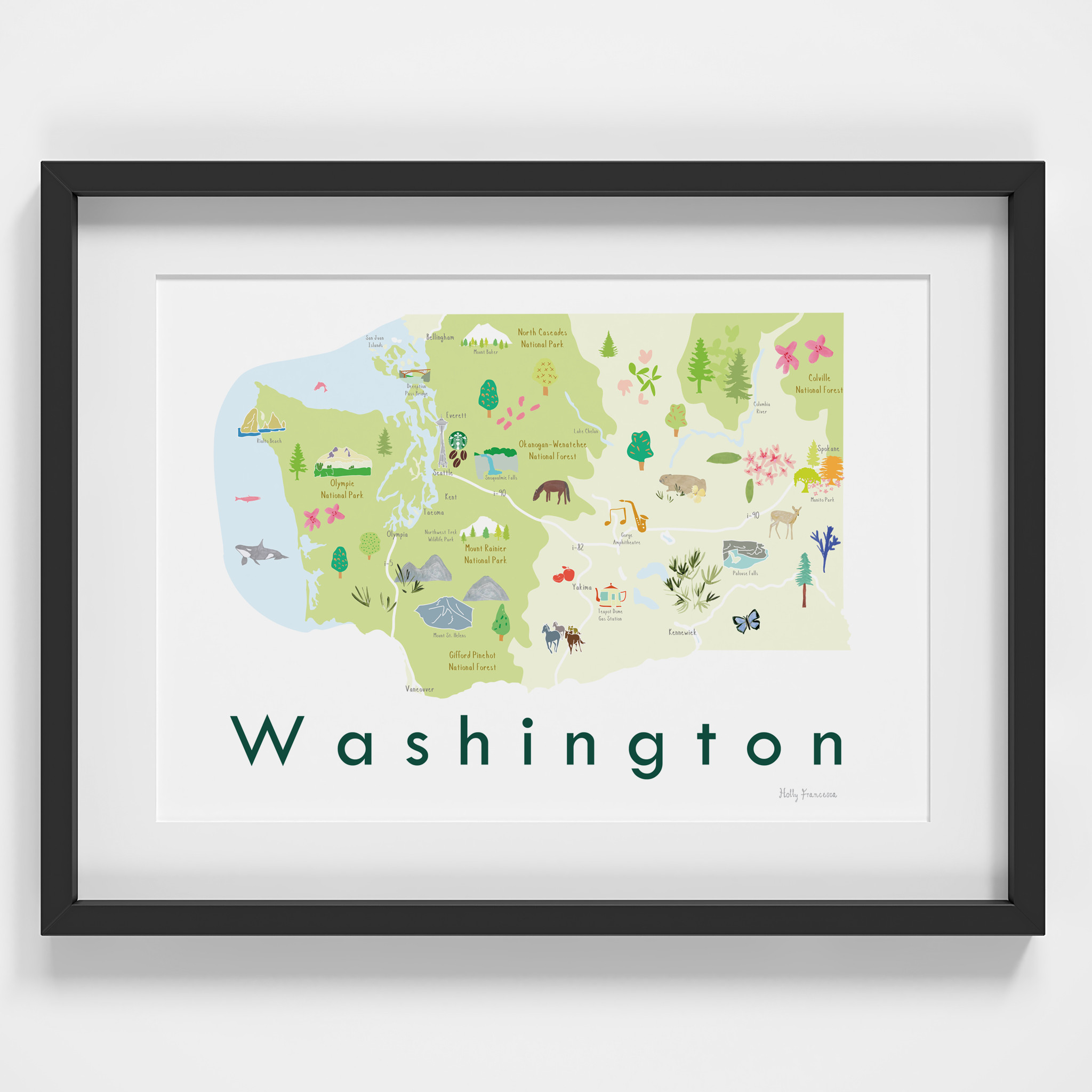 Illustrated hand drawn Map of Washington art print by artist Holly ...