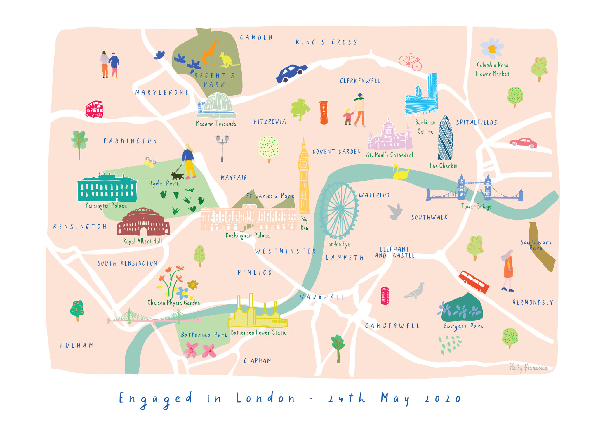 Illustrated Personalised London Map Art Print by artist Holly Francesca.