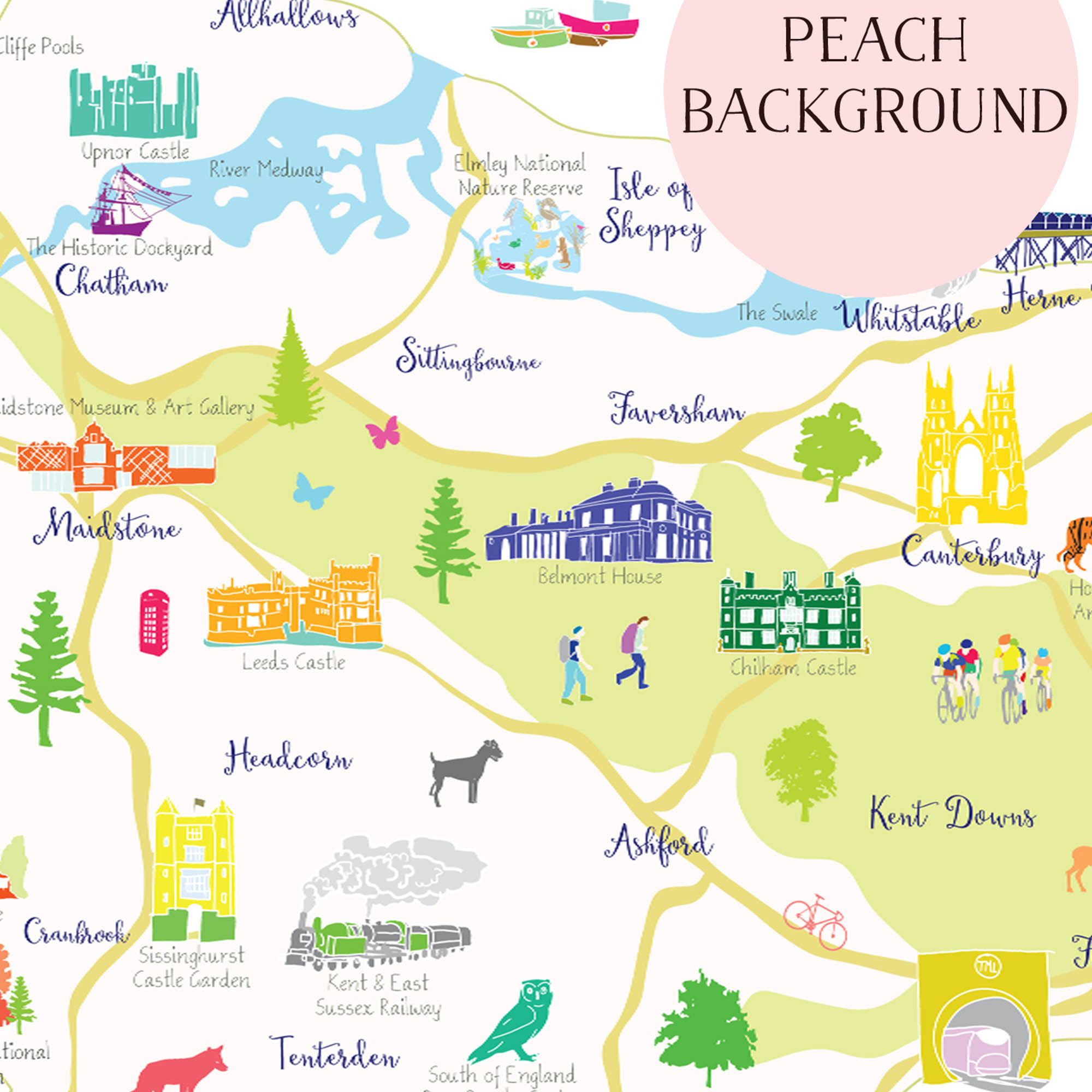 Illustrated hand drawn Map of Kent by UK artist Holly Francesca.