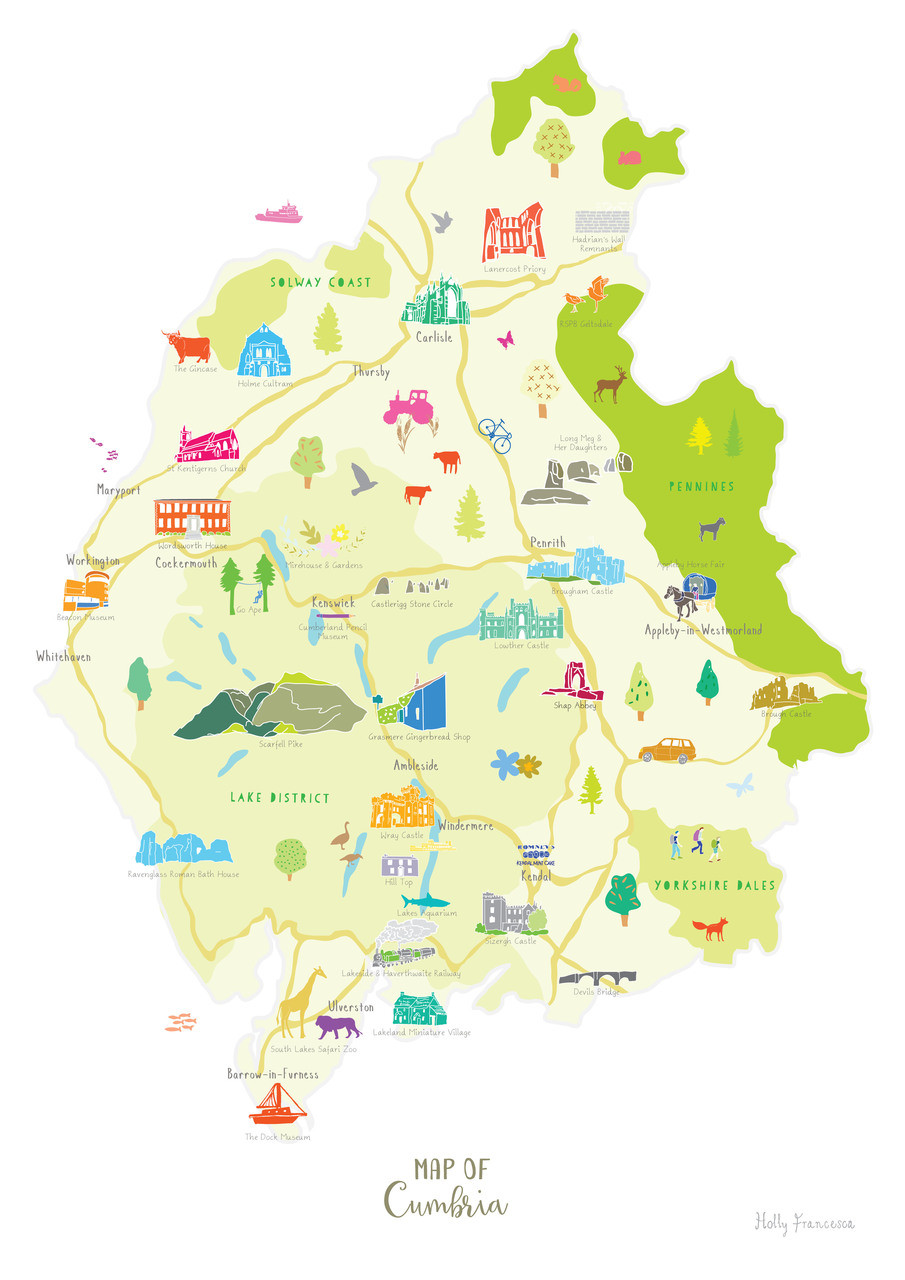 Illustrated hand drawn Map of Cumbria and The Lake District by UK ...