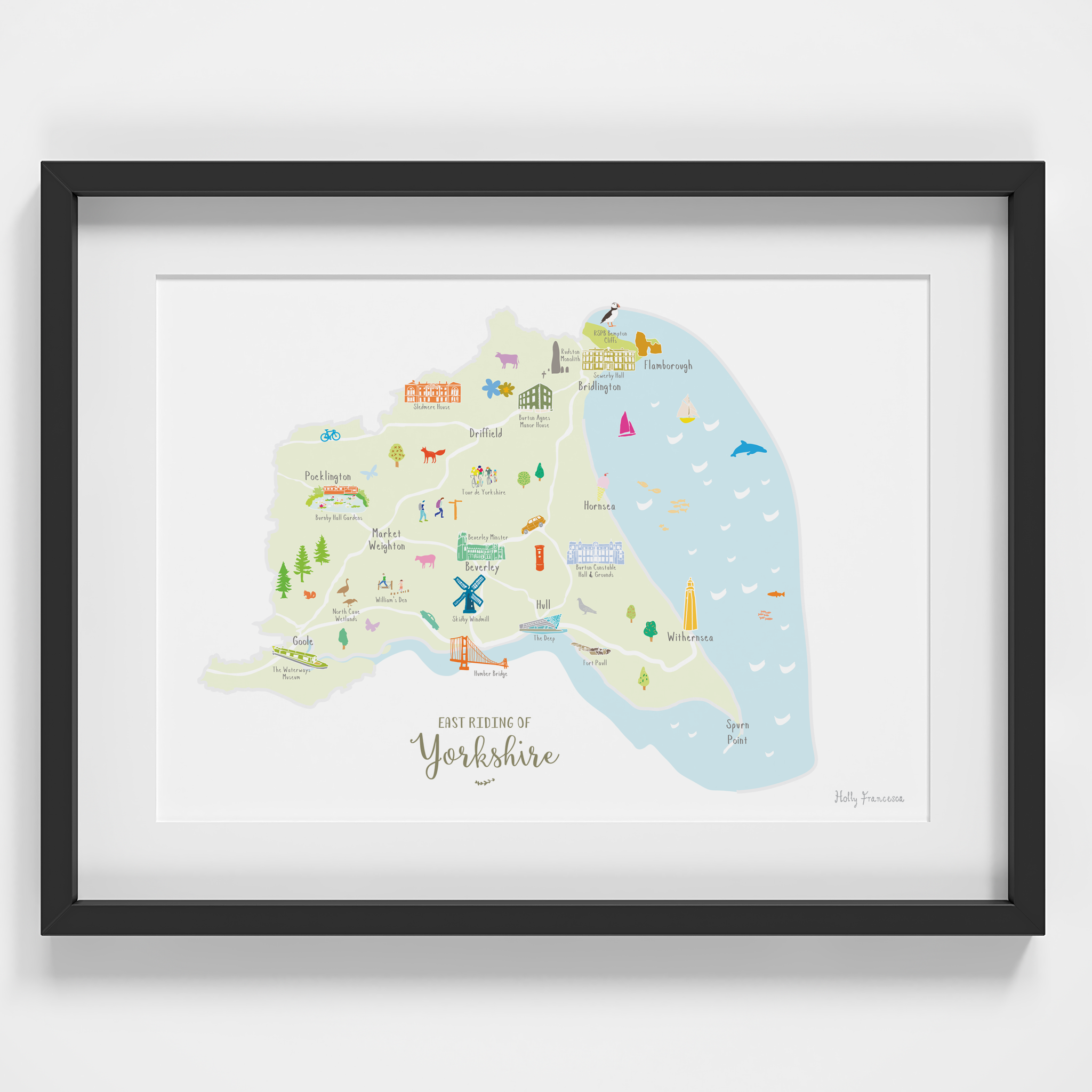 Illustrated hand drawn Map of Yorkshire by UK artist Holly Francesca.