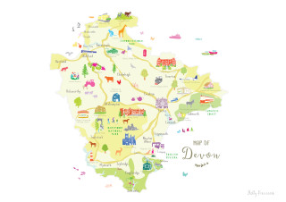 Illustrated hand drawn Map of Devon by UK artist Holly Francesca.