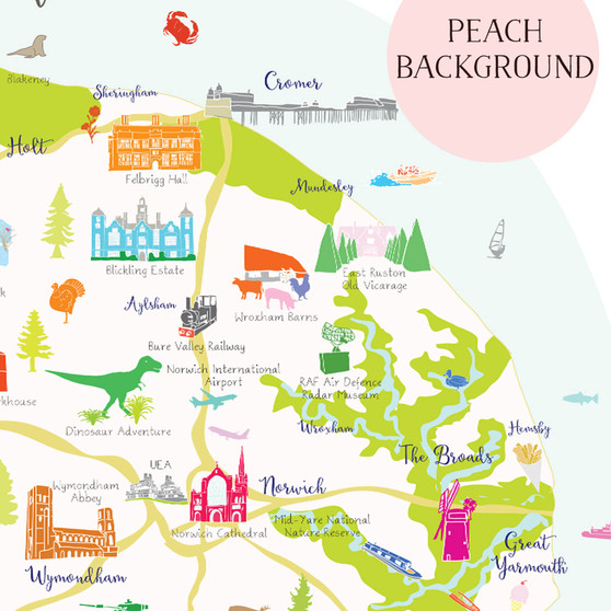 Illustrated hand drawn Map of Norfolk by UK artist Holly Francesca.