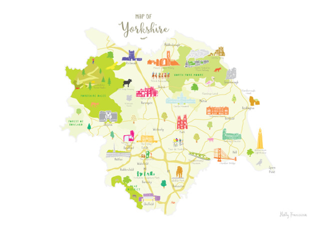 Illustrated hand drawn Map of Yorkshire by UK artist Holly Francesca.
