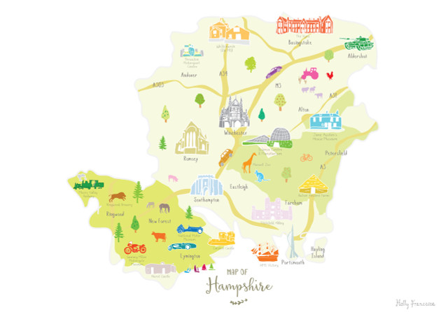 Illustrated hand drawn Map of Hampshire by UK artist Holly Francesca.