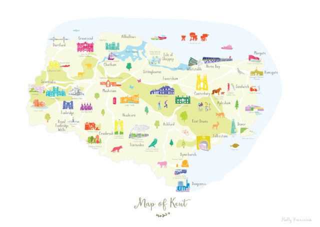 Illustrated hand drawn Map of Kent by UK artist Holly Francesca.