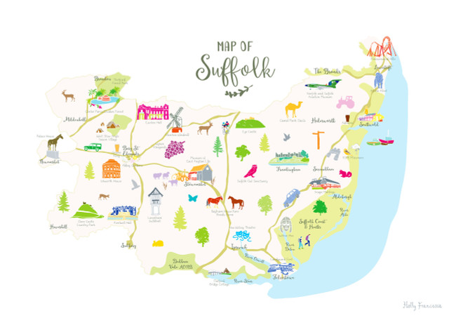 Illustrated hand drawn Map of Suffolk by UK artist Holly Francesca.