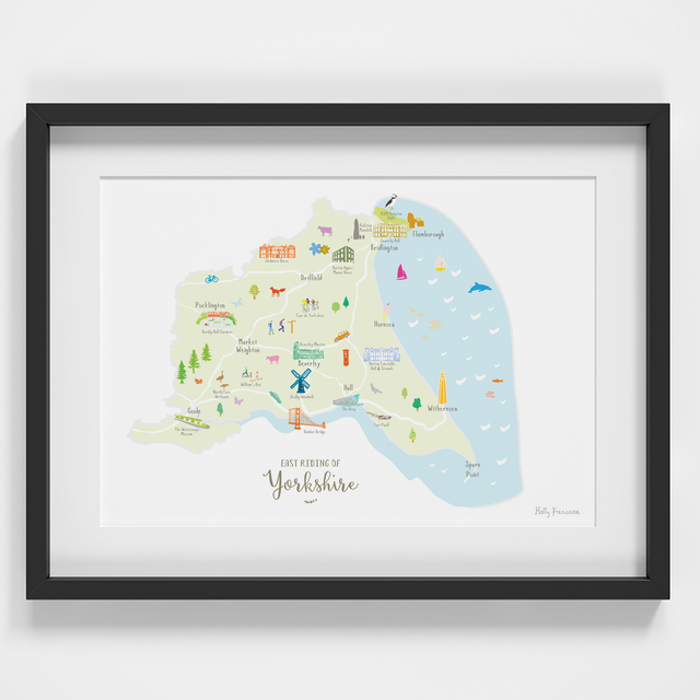 Illustrated hand drawn Map of Yorkshire by UK artist Holly Francesca.