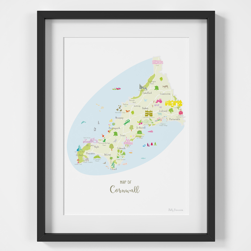 Illustrated hand drawn Map of Devon by UK artist Holly Francesca.