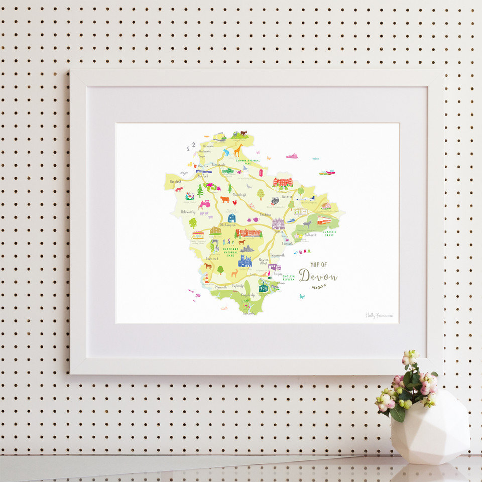Illustrated hand drawn Map of Devon by UK artist Holly Francesca.