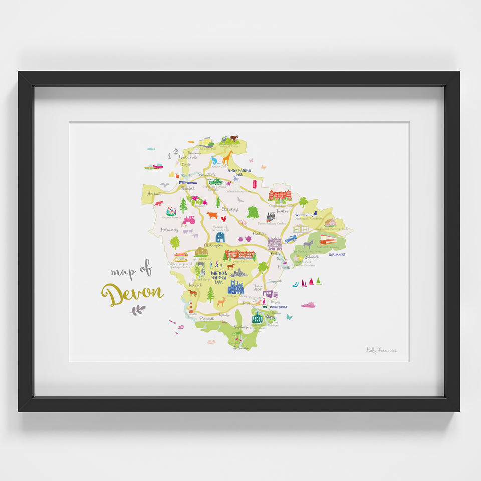 Illustrated hand drawn Map of Devon by UK artist Holly Francesca.