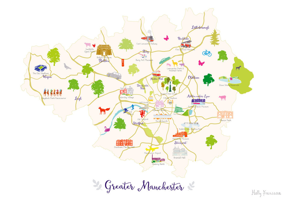Illustrated hand drawn Map of Greater Manchester by UK artist Holly ...
