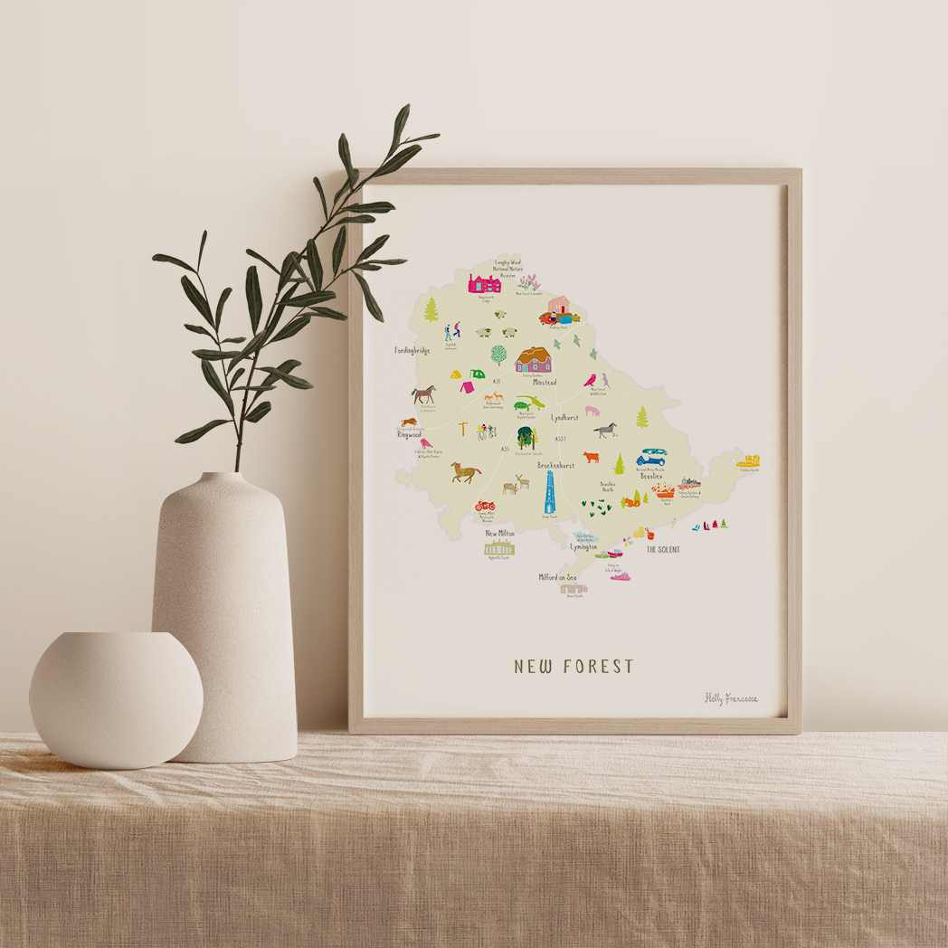 Illustrated hand drawn Map of the New Forest National Park art print by ...