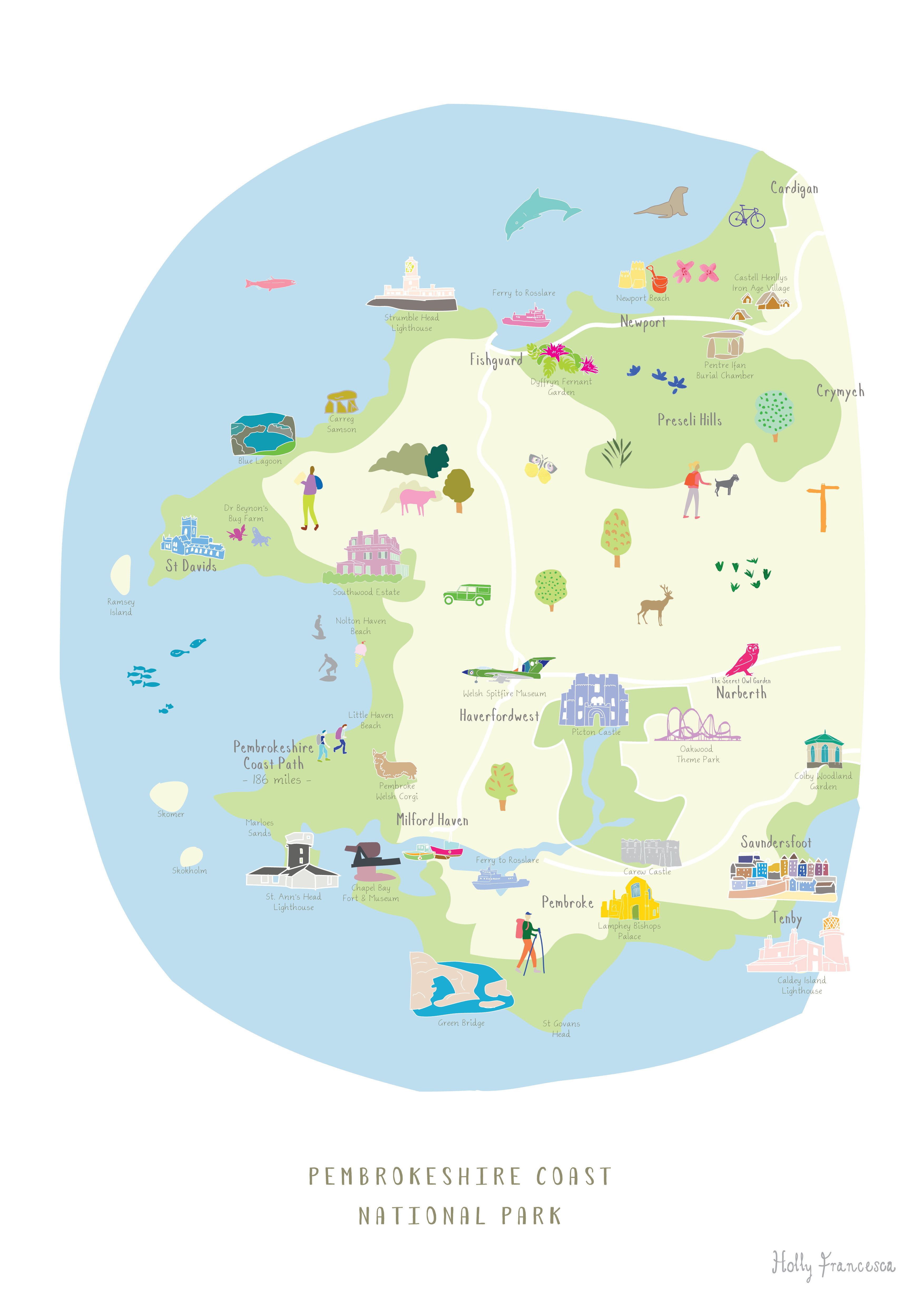 Illustrated hand drawn Map of the Pembrokeshire Coast National Park Art ...