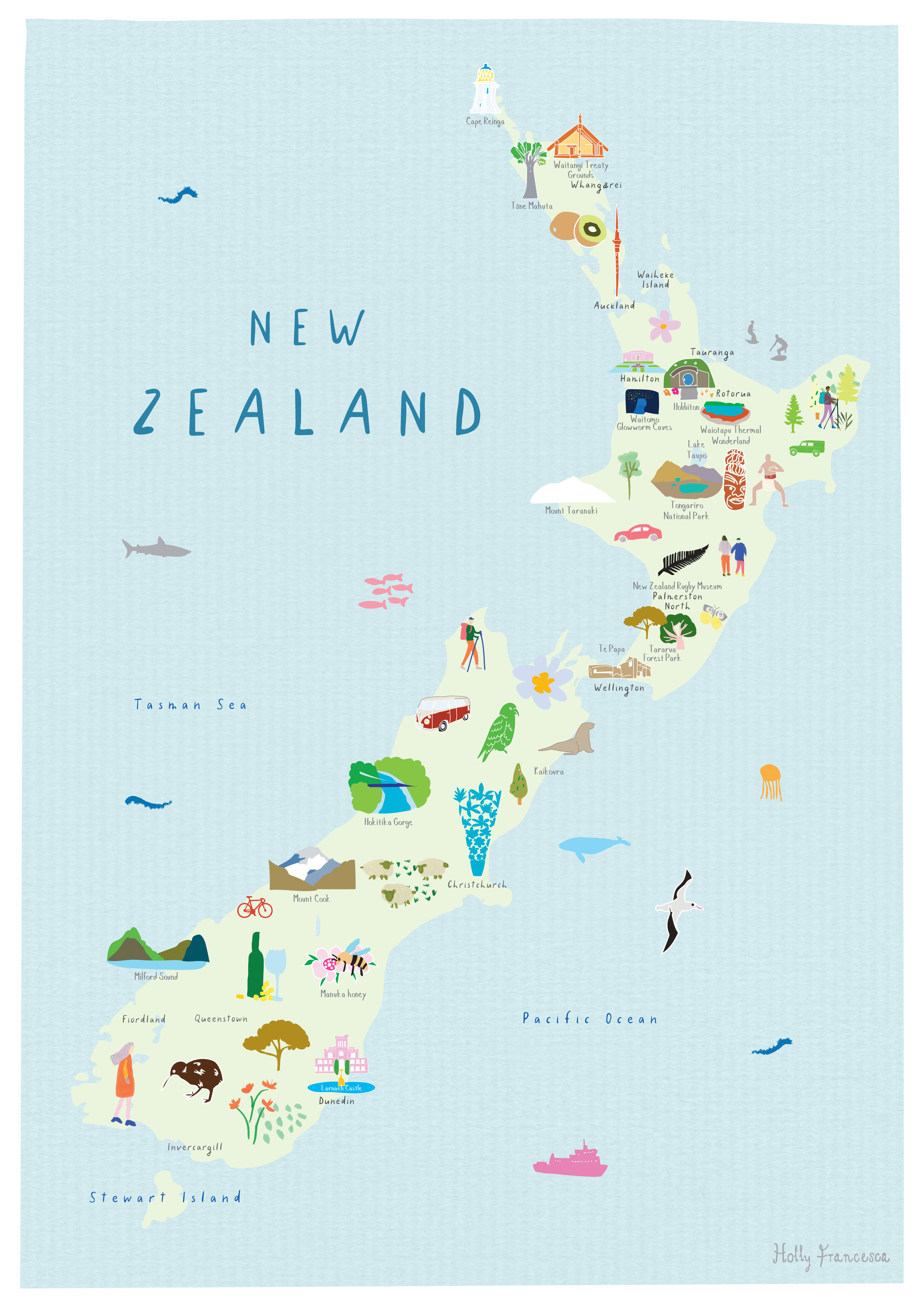 Illustrated hand drawn Map of New Zealand by UK artist Holly Francesca.