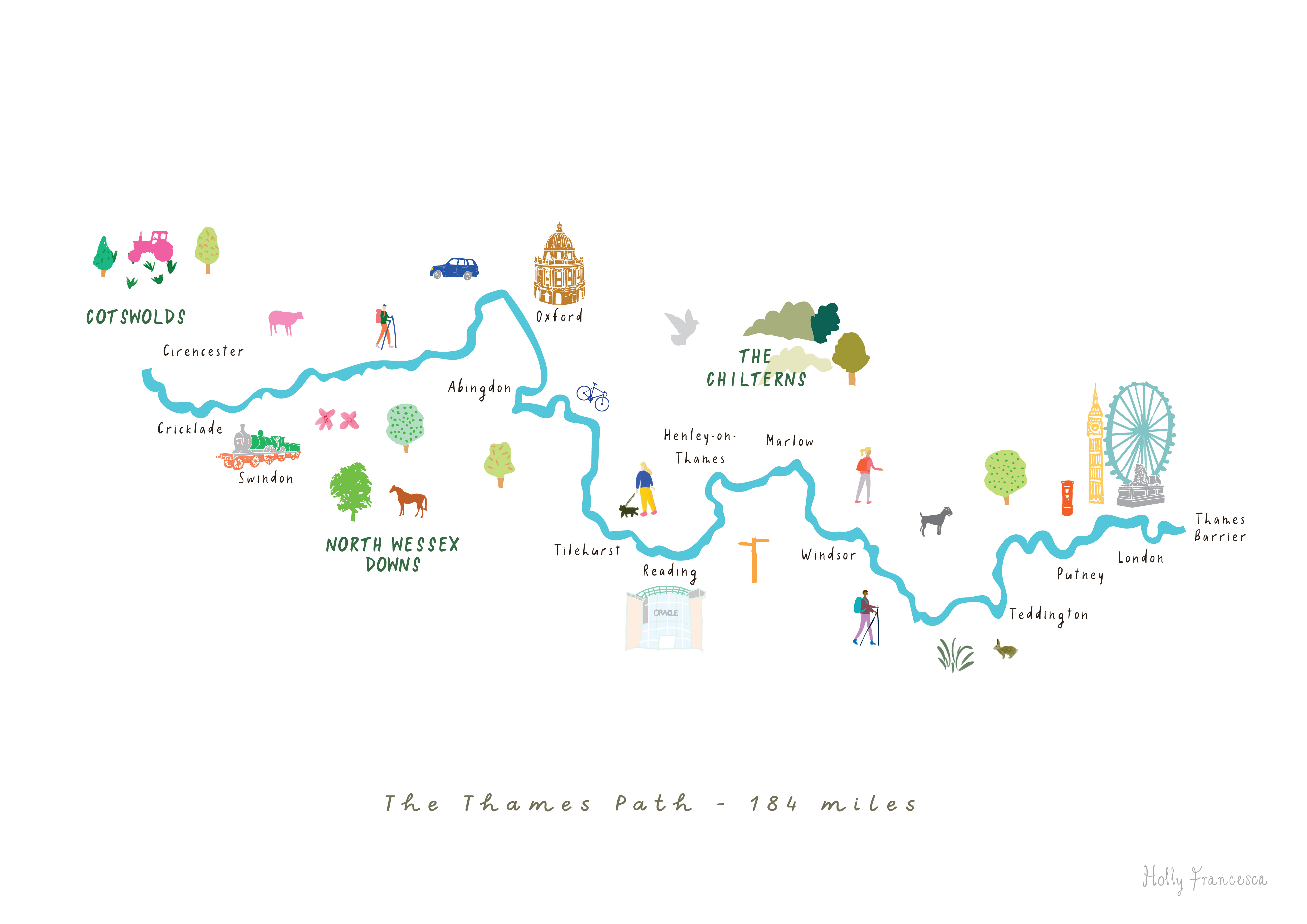 Illustrated hand drawn Thames Path Route Map Art Print by artist Holly ...