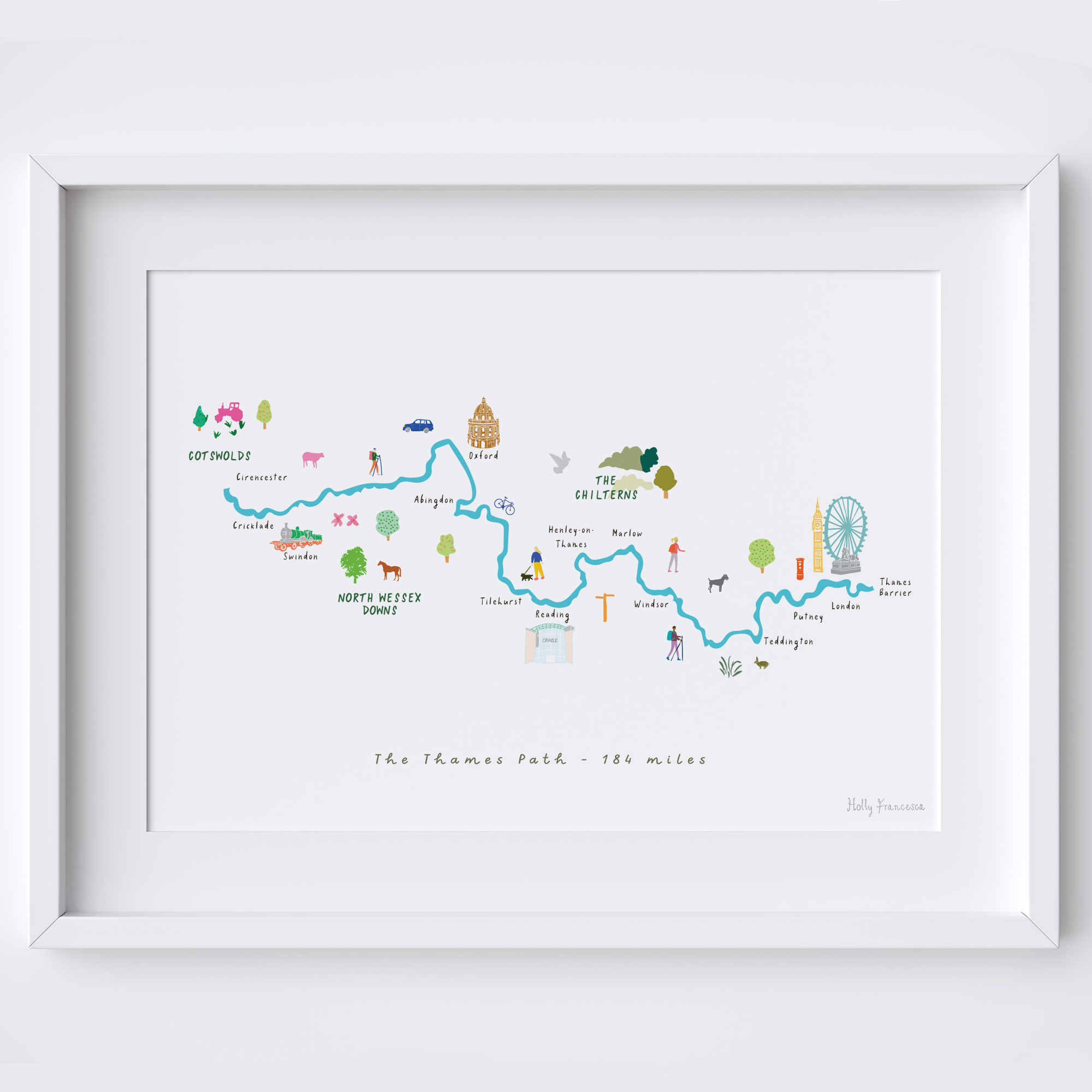 Illustrated hand drawn Thames Path Route Map Art Print by artist Holly ...