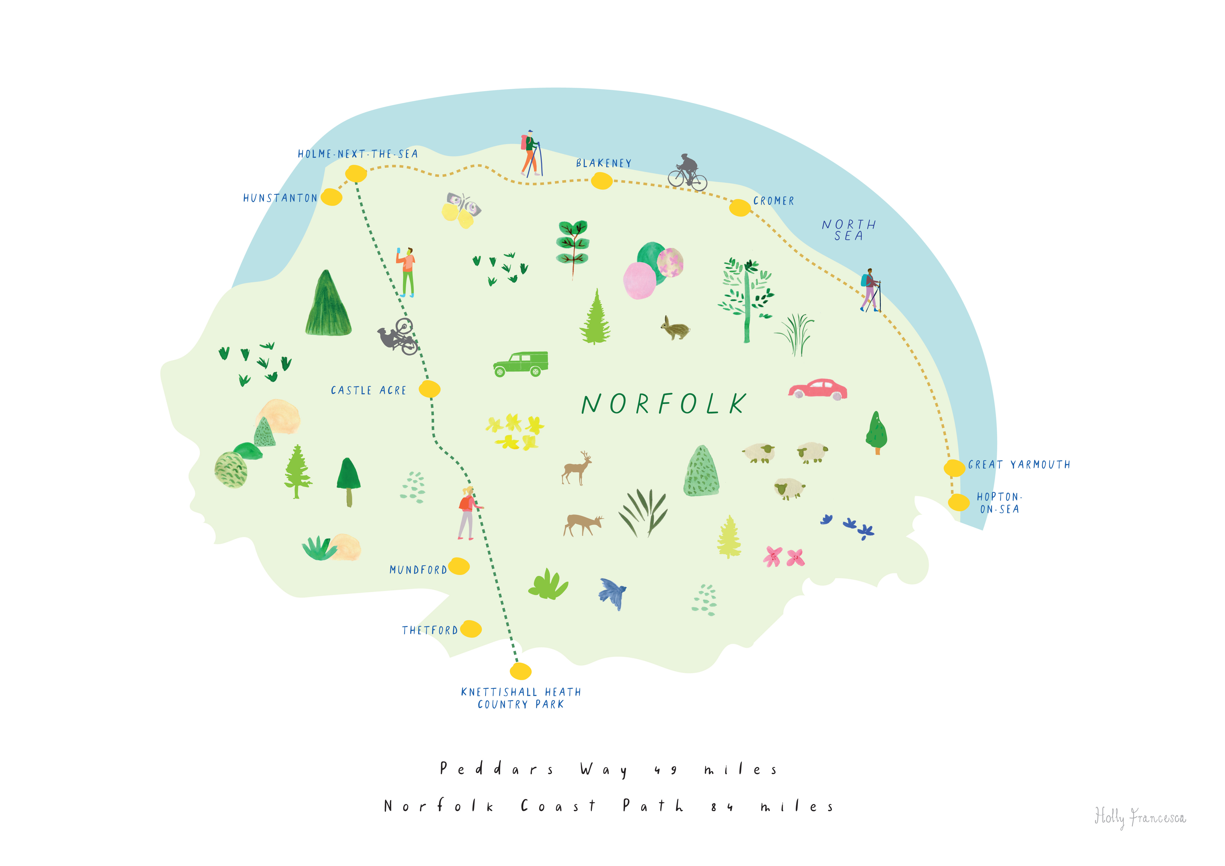 Illustrated hand drawn Peddars Way & Norfolk Coast Path Route Map Art ...