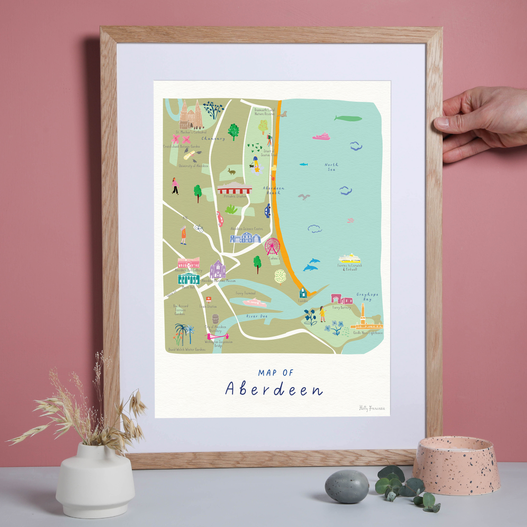 Illustrated hand drawn Map of Aberdeen art print by artist Holly Francesca.