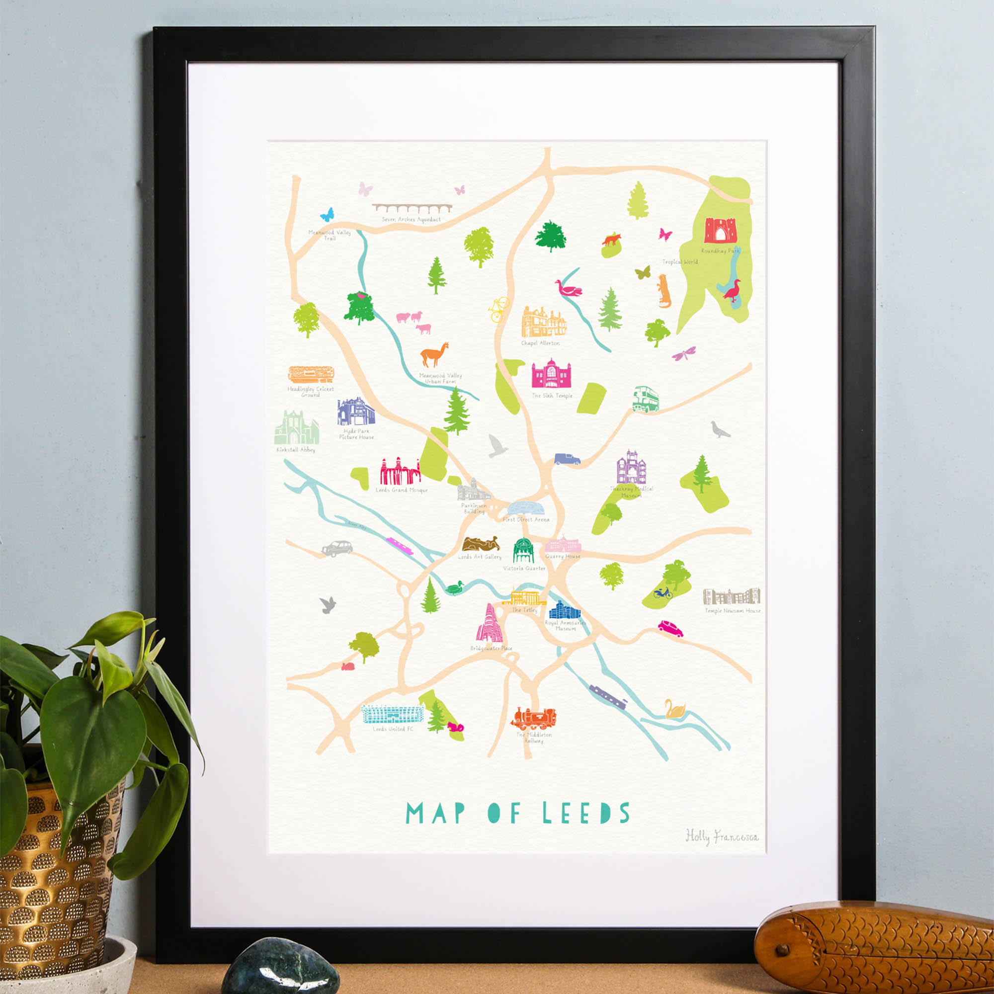 Illustrated hand drawn Map of Leeds art print by artist Holly Francesca.
