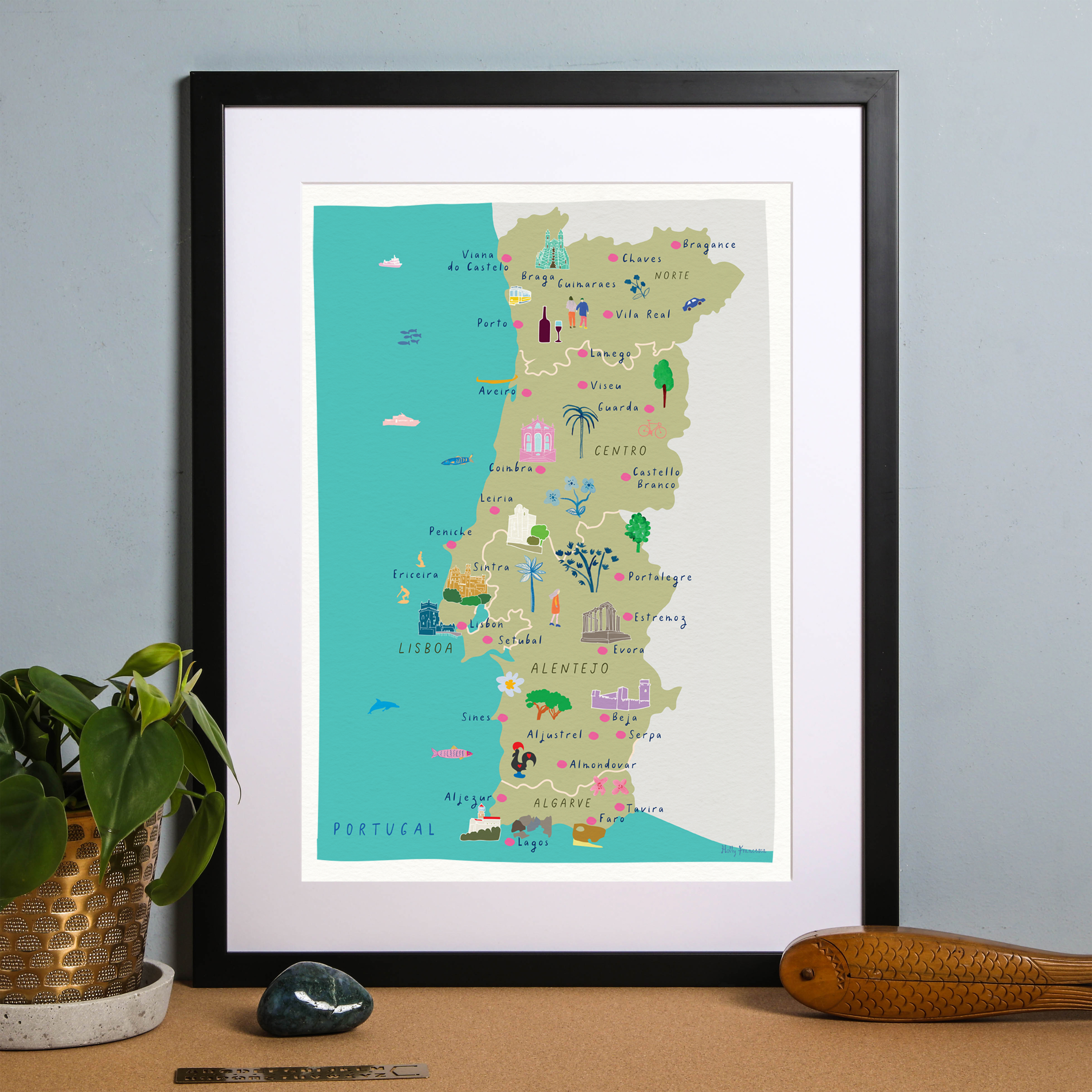 Illustrated hand drawn Map of Portugal by UK artist Holly Francesca.