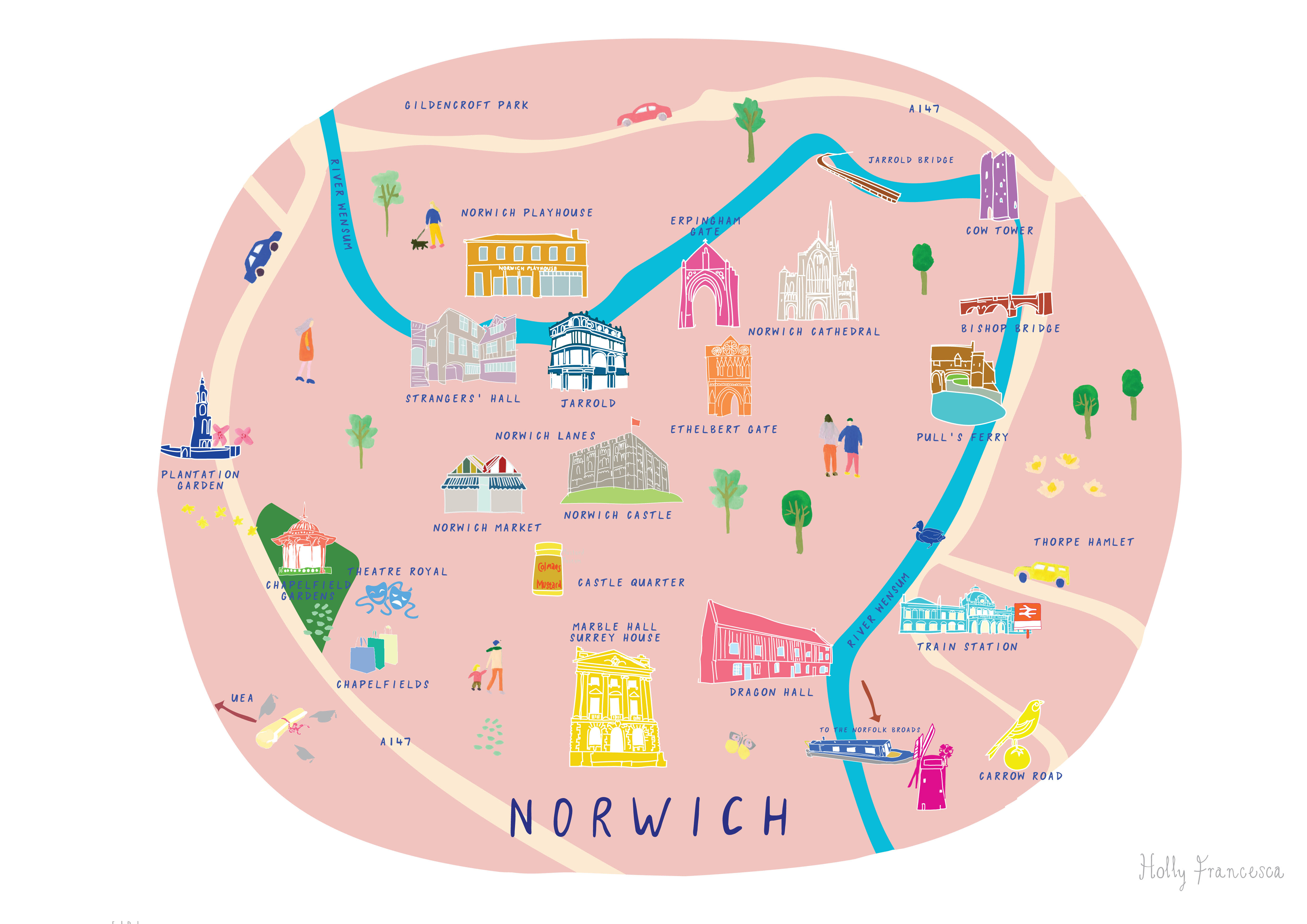 Illustrated hand drawn Map of Norwich by UK artist Holly Francesca.