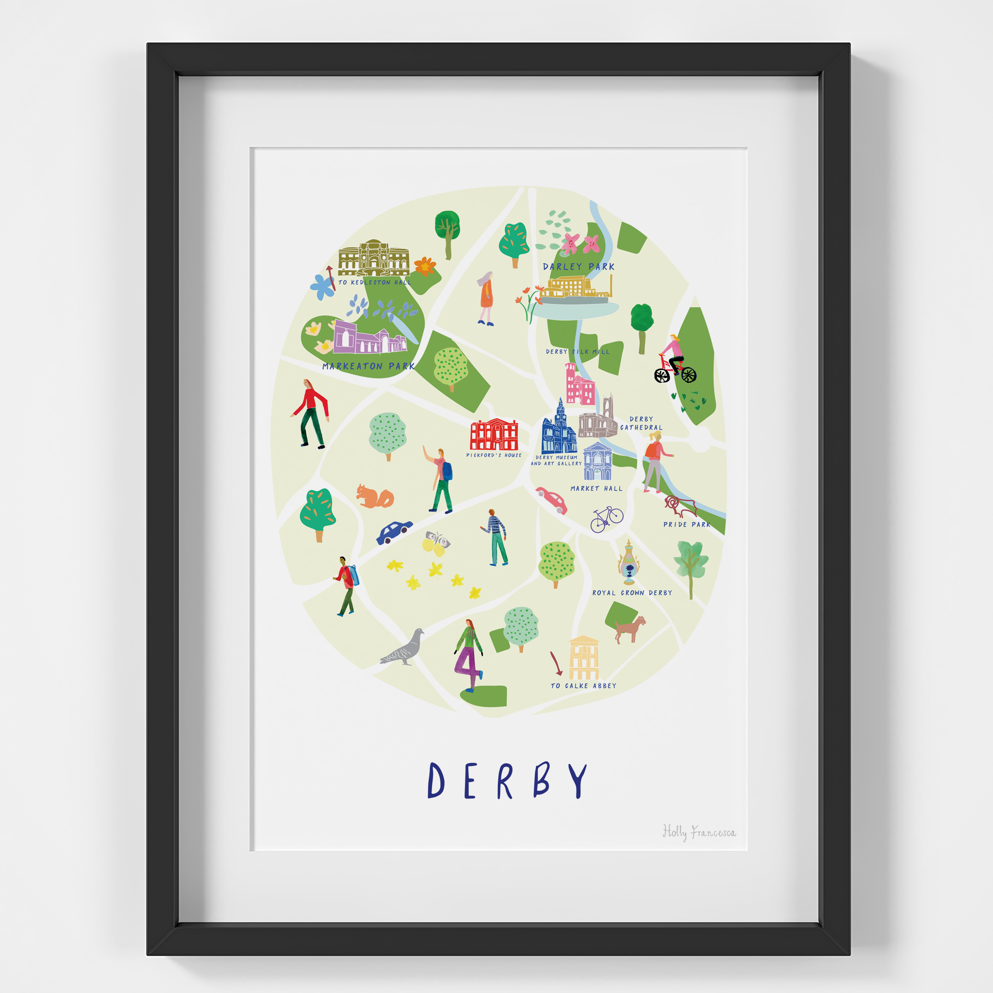 Illustrated hand drawn Map of Derby by UK artist Holly Francesca.