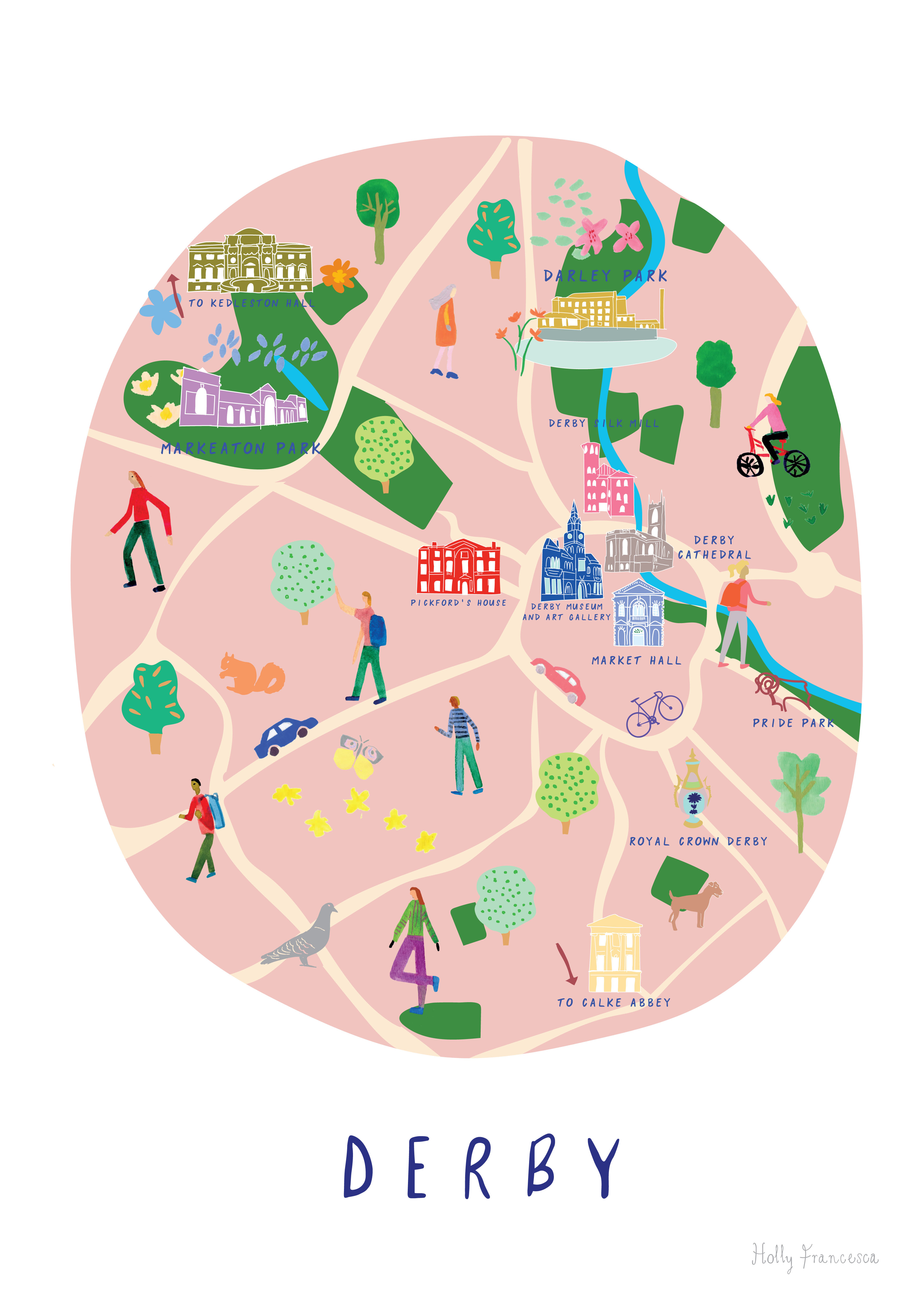 Illustrated hand drawn Map of Derby by UK artist Holly Francesca.