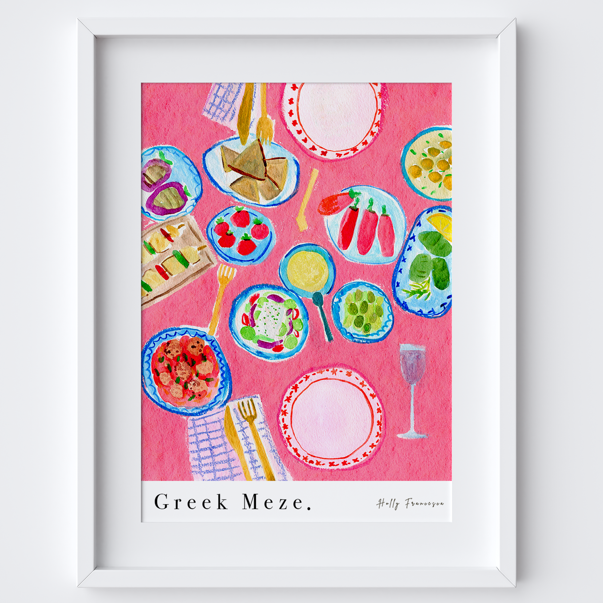Greek Meze Table Scene Art Print - Watercolour Pastel Poster by artist ...
