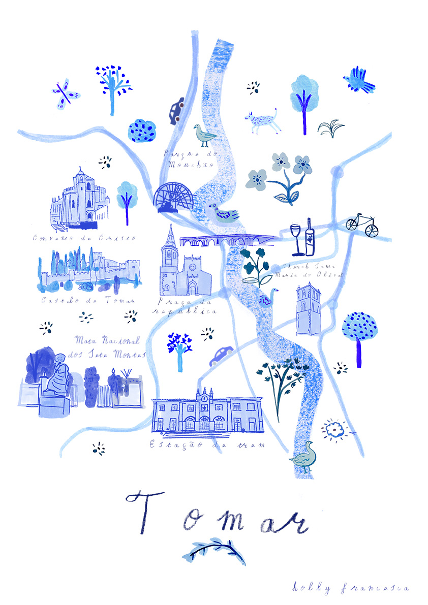 Illustrated Tomar Map - Central Portugal Blue Landmarks Travel Art ...