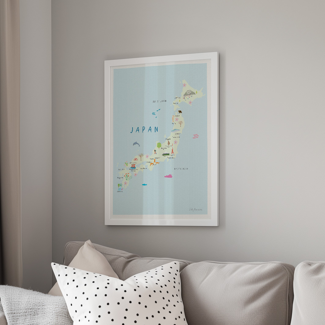 Illustrated hand drawn Map of Japan by UK artist Holly Francesca.